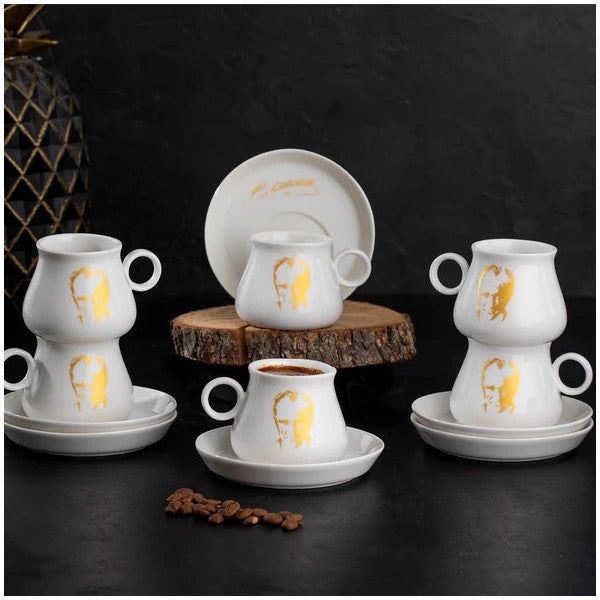 Porsima Atatürk Detailed Gold Gilded 6 Person Cup Set 12 Piece Turkish ...