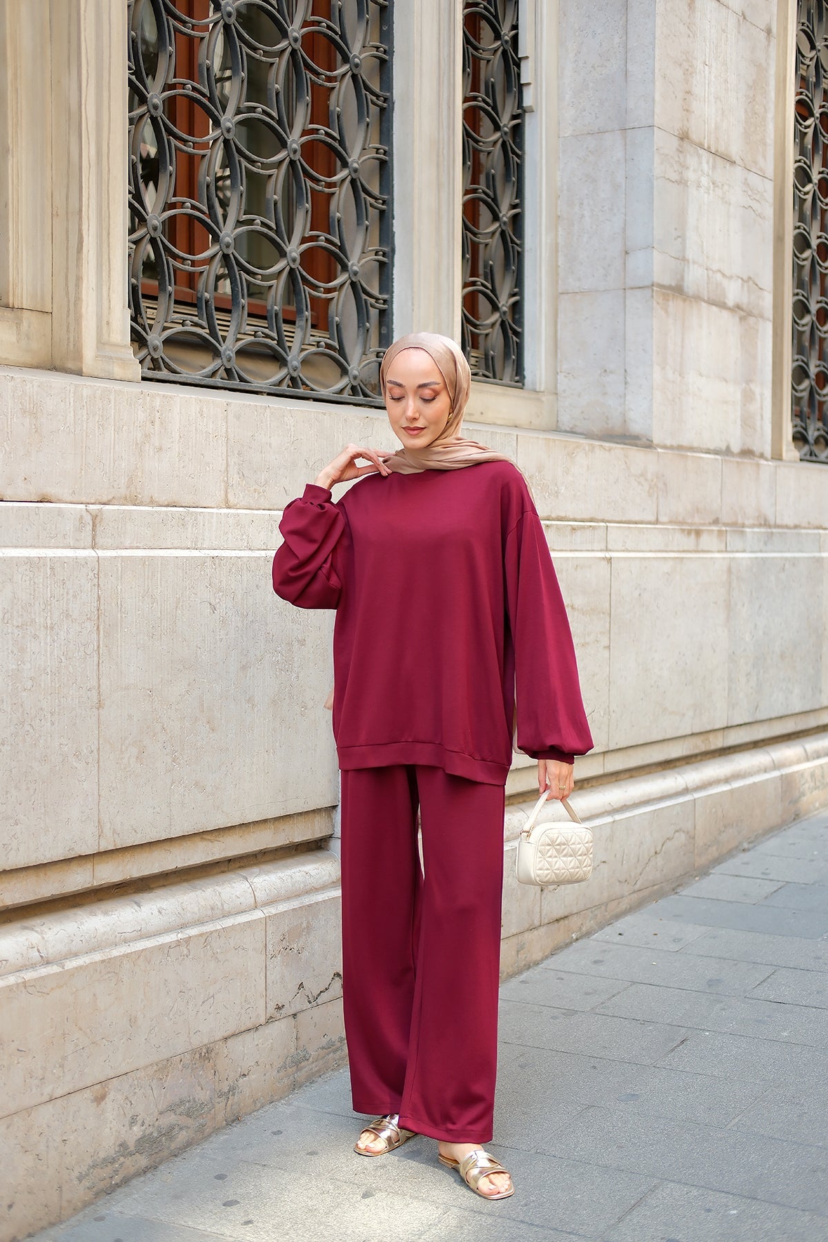 Crew Neck Two-Piece Set - Burgundy – Turkish Souq