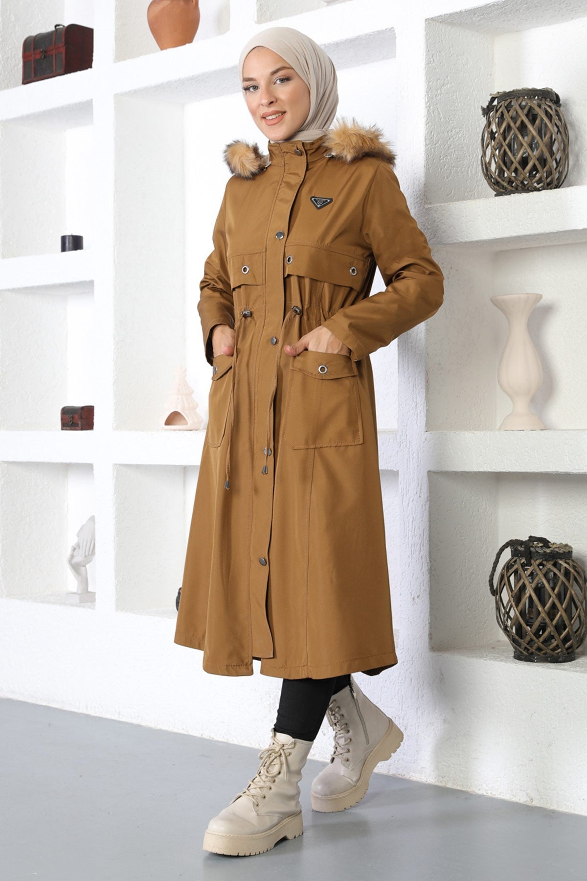 Eyelet Detailed Coat With Emblem, Tan 10354 – Turkish Souq
