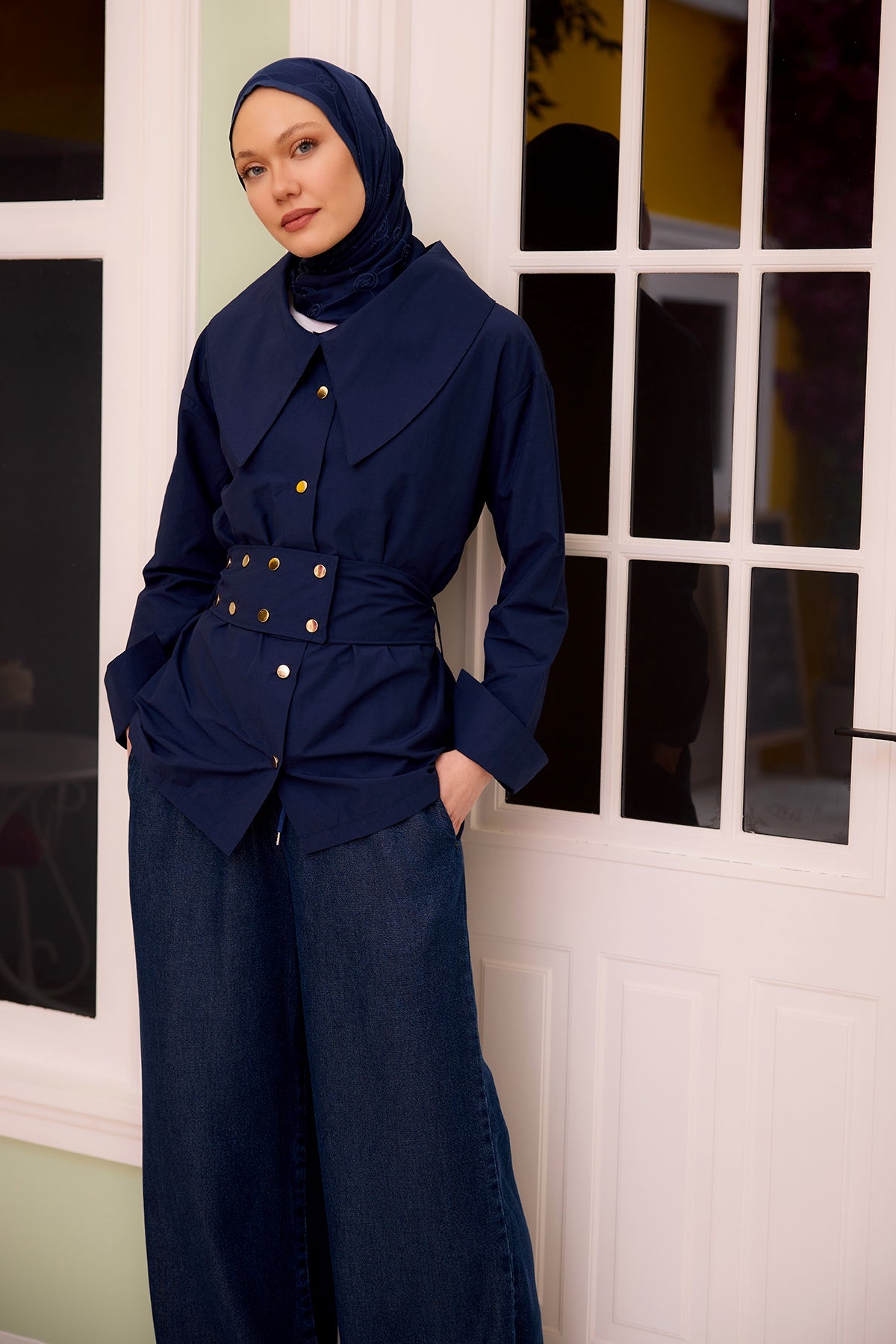 Navy Blue Shirt With Gold Button And Belt Details – Turkish Souq