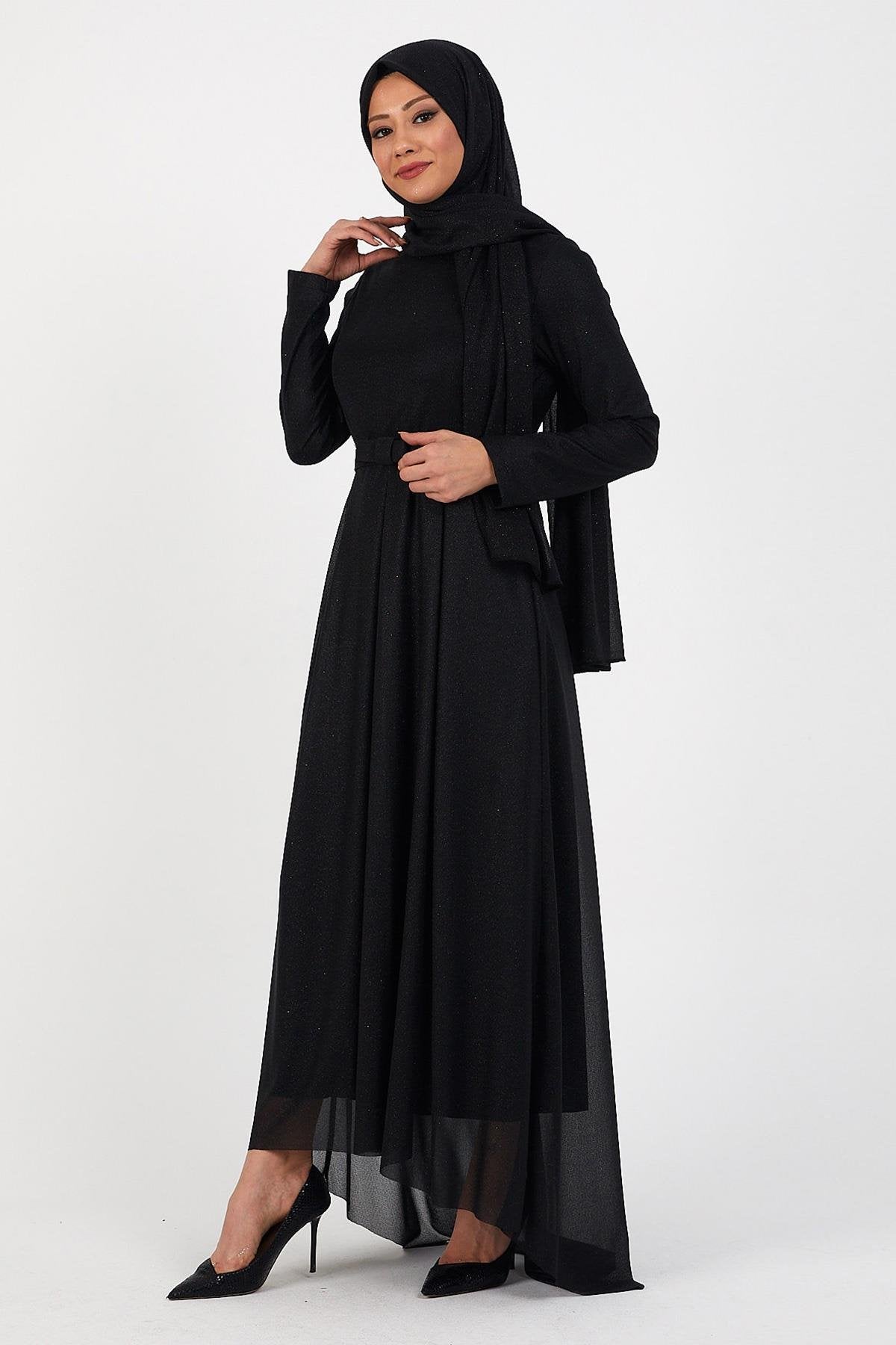 Glittery Pleated Evening Dress Black 12240 – Turkish Souq